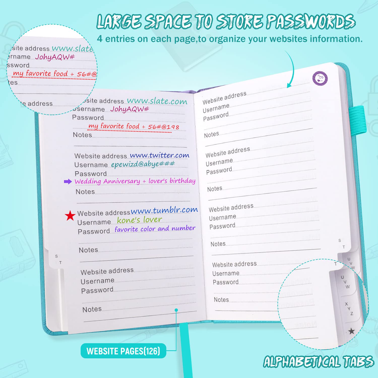 EPEWIZD Password Book with Alphabetical Tabs Hardcover Medium Size Password Book for Website Username Internet login Computer Address Password Organizer Keeper Logbook-Turquoise