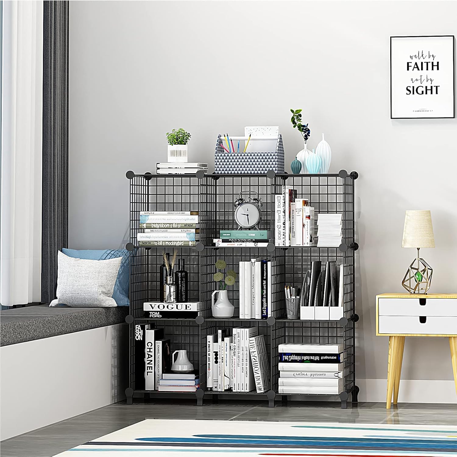 FUNLAX Cube Storage Shelf, 9 Wire Closet Storage Cubes Closet Organizers and Storage Sturdy Metal Bathroom Storage Book Shelf Clothes Organizer
