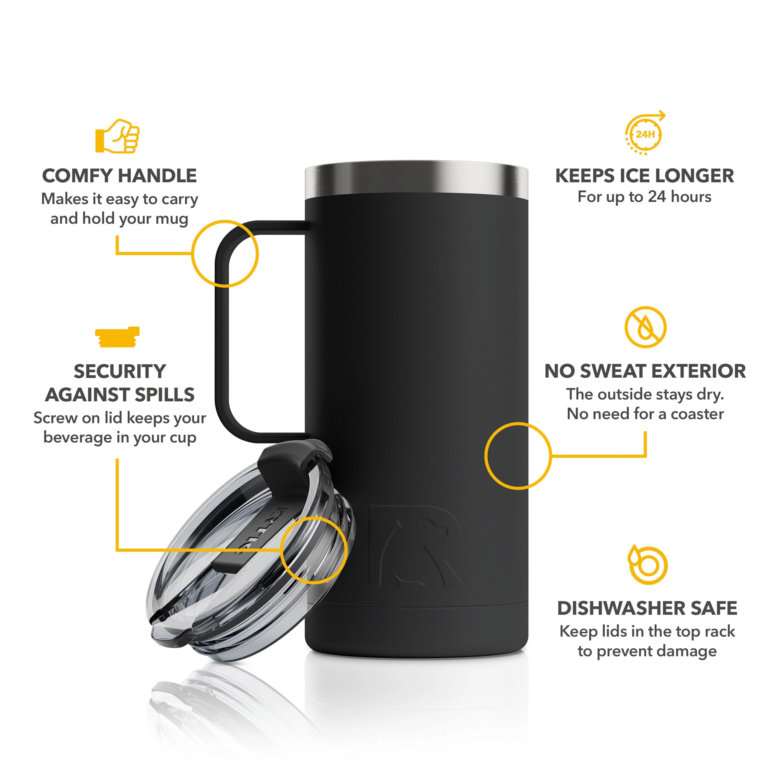 RTIC 16 oz Coffee Travel Mug with Lid and Handle, Stainless Steel Vacuum-Insulated, Hot and Cold Drink, for Car, Camping, Black
