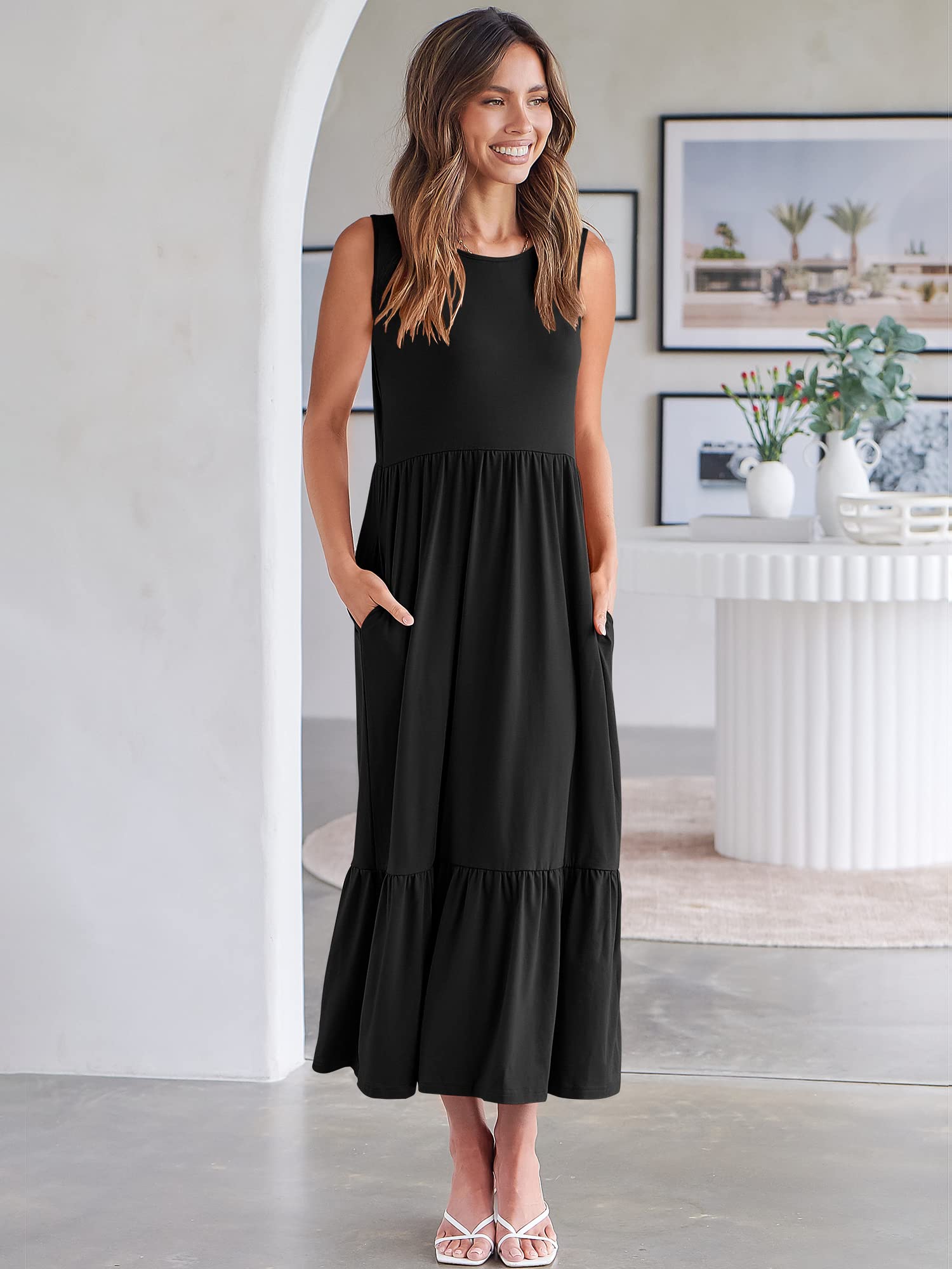 ANRABESS Women Summer Casual Sleeveless Crewneck Sundress Aline Flowy Tiered Maxi Long Beach Dress Vacation Outfits Medium Black