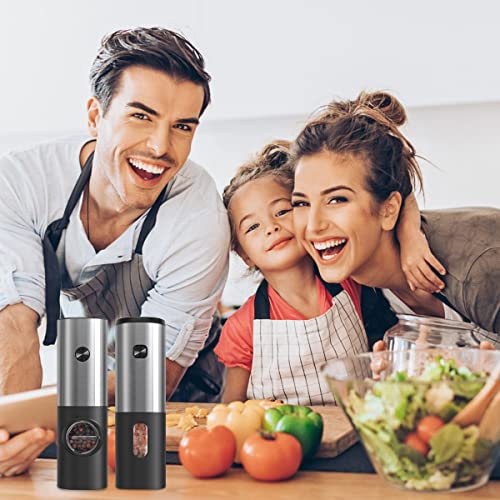 HIVIEW Electric Salt and Pepper Grinder Set Battery Operated,Automatic Pepper Mill,Adjustable CoarsenessOne Handed Operated, Salt and Pepper Shakers wiht LED Light,Stainless Steel-2 Pack