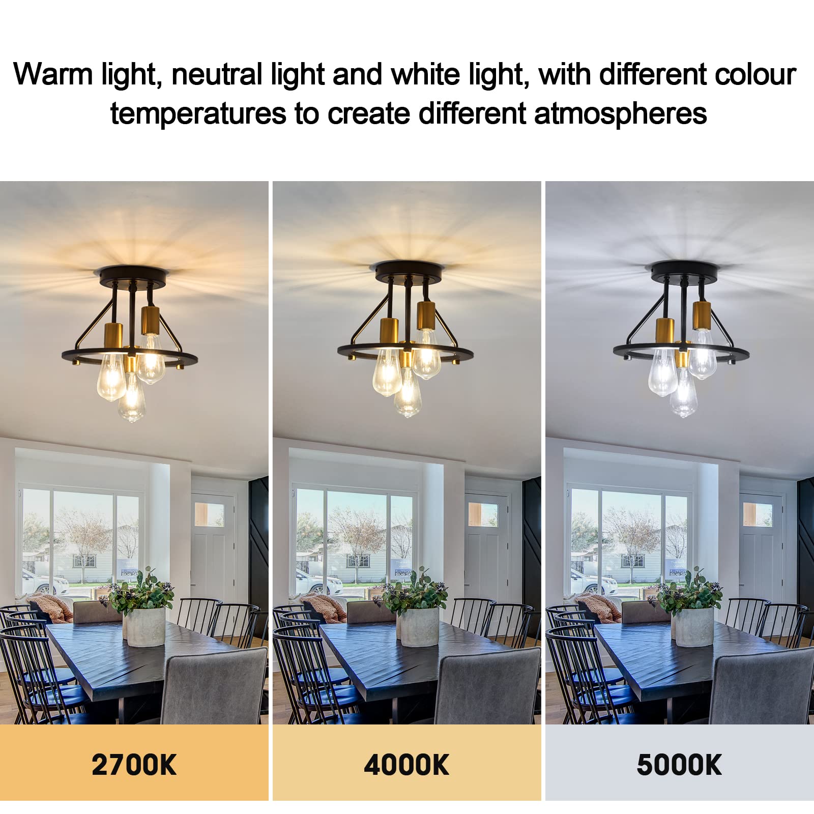 Qgiytp Industrial Semi Flush Mount Ceiling Light Fixture 3-Light Matte Black and Gold Chandelier E26 Farmhouse Ceiling Lamp for Entryway Hallway Bedroom Passway Balcony