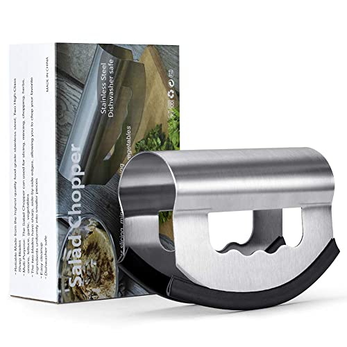 Salad Knife Chopper with Protective Cover - Stainless Steel Salad Cutter, Double Blade Chopping Knife, Mezzaluna Salad Chopper for Salad and Vegetable Mincing