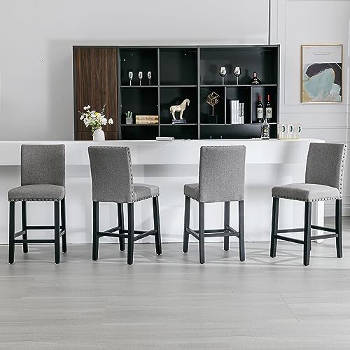 DAGONHIL 24 inch Bar Stools Set of 4, Counter Height Bar Stools with Backs, Nail Head Barstools with Wood Legs, Upholstered Kitchen Island Chairs, Gray