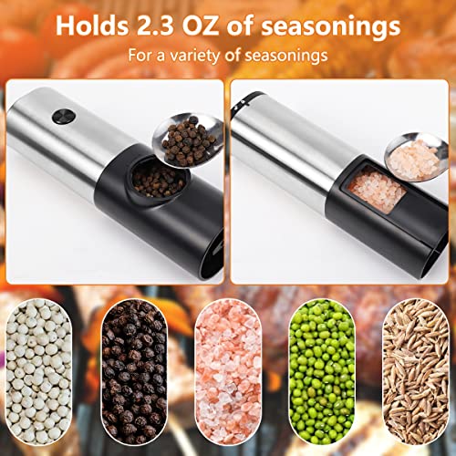 HIVIEW Electric Salt and Pepper Grinder Set Battery Operated,Automatic Pepper Mill,Adjustable CoarsenessOne Handed Operated, Salt and Pepper Shakers wiht LED Light,Stainless Steel-2 Pack