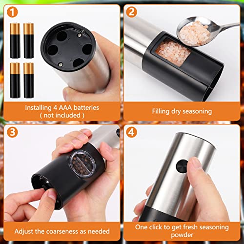 HIVIEW Electric Salt and Pepper Grinder Set Battery Operated,Automatic Pepper Mill,Adjustable CoarsenessOne Handed Operated, Salt and Pepper Shakers wiht LED Light,Stainless Steel-2 Pack