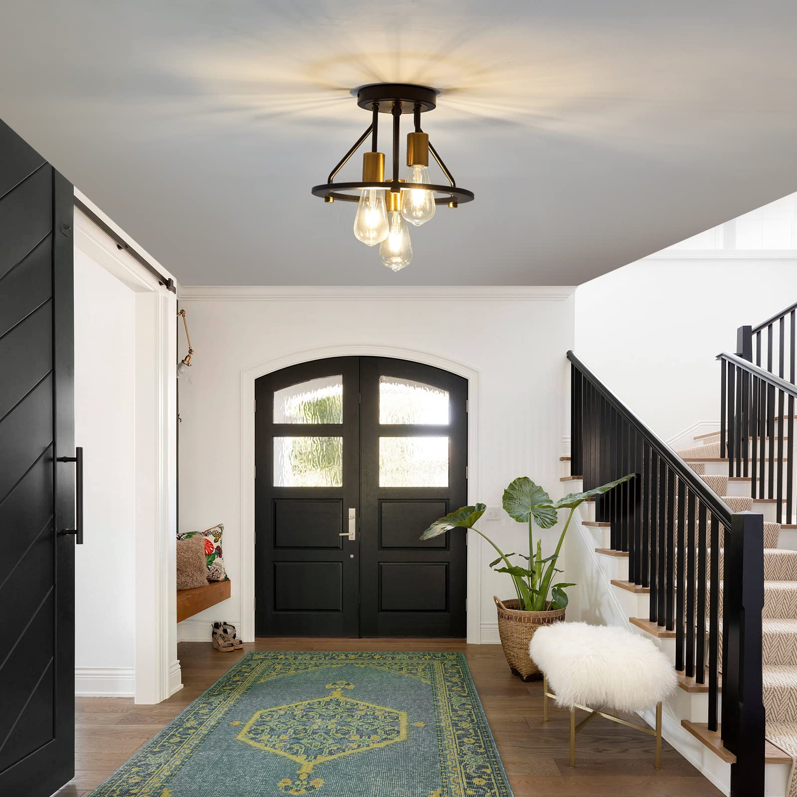 Qgiytp Industrial Semi Flush Mount Ceiling Light Fixture 3-Light Matte Black and Gold Chandelier E26 Farmhouse Ceiling Lamp for Entryway Hallway Bedroom Passway Balcony