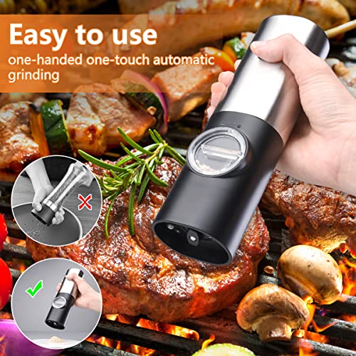 HIVIEW Electric Salt and Pepper Grinder Set Battery Operated,Automatic Pepper Mill,Adjustable CoarsenessOne Handed Operated, Salt and Pepper Shakers wiht LED Light,Stainless Steel-2 Pack