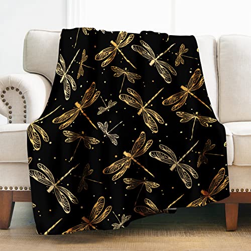 Levens Dragonfly Blanket Gifts for Boys Girls Women Decor for Home Bedroom Living Room Lounge Sofa, Soft Fluffy Smooth Lightweight Throw Blankets Gold Black 50"x60"