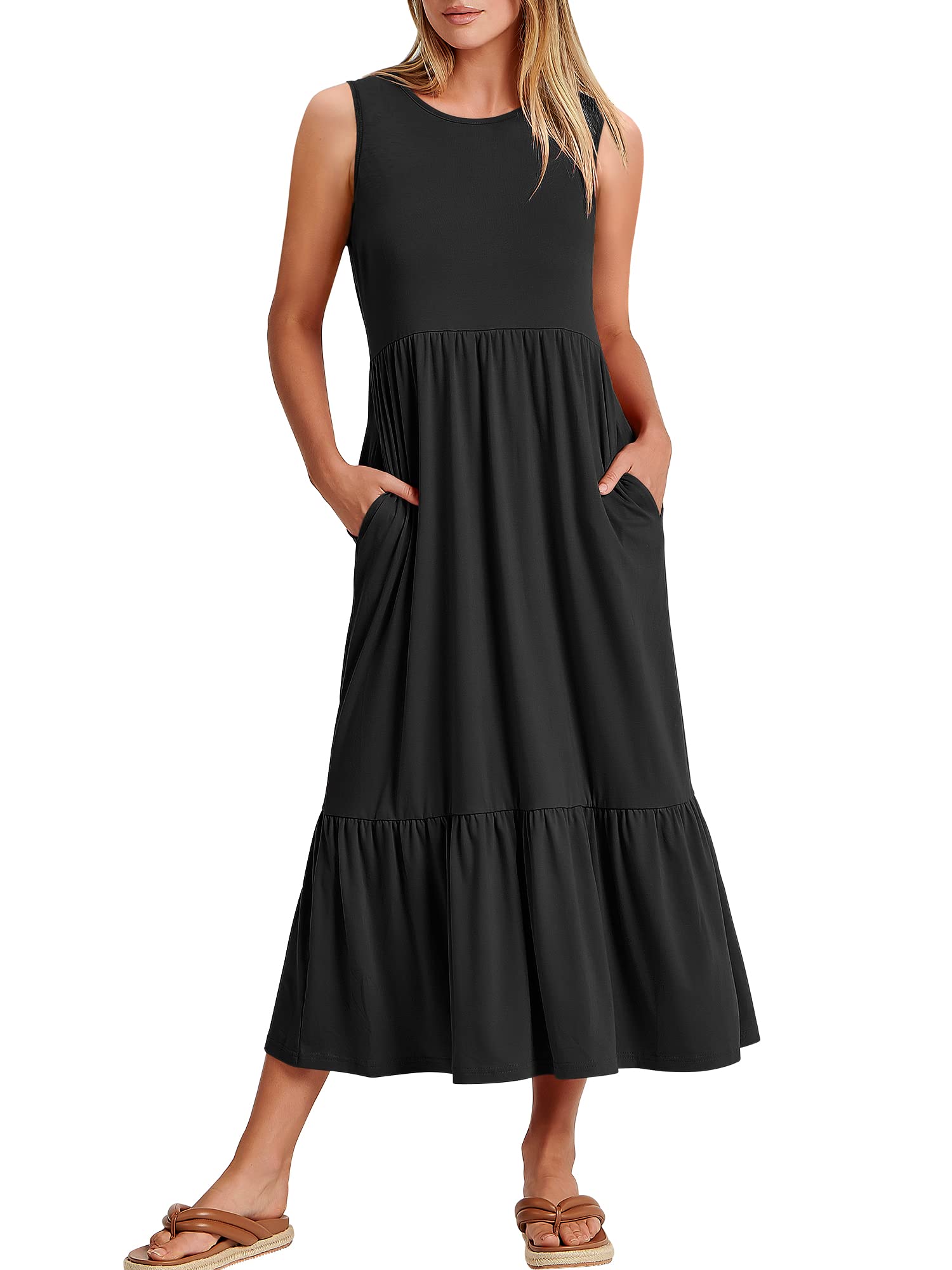 ANRABESS Women Summer Casual Sleeveless Crewneck Sundress Aline Flowy Tiered Maxi Long Beach Dress Vacation Outfits Medium Black