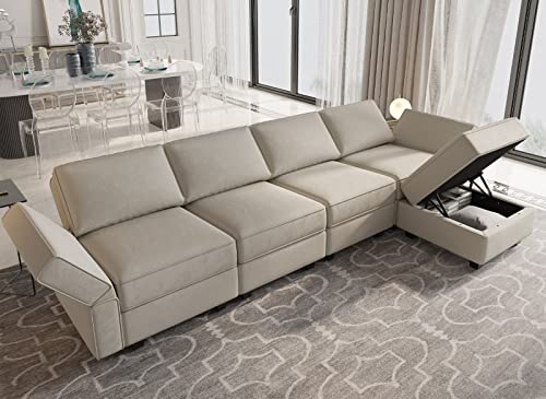Belffin Modular Sectional Sofa Couch with Reversible Chaise Velvet L Shaped Couch with Storage 4-seat Convertible Sofa Grey…