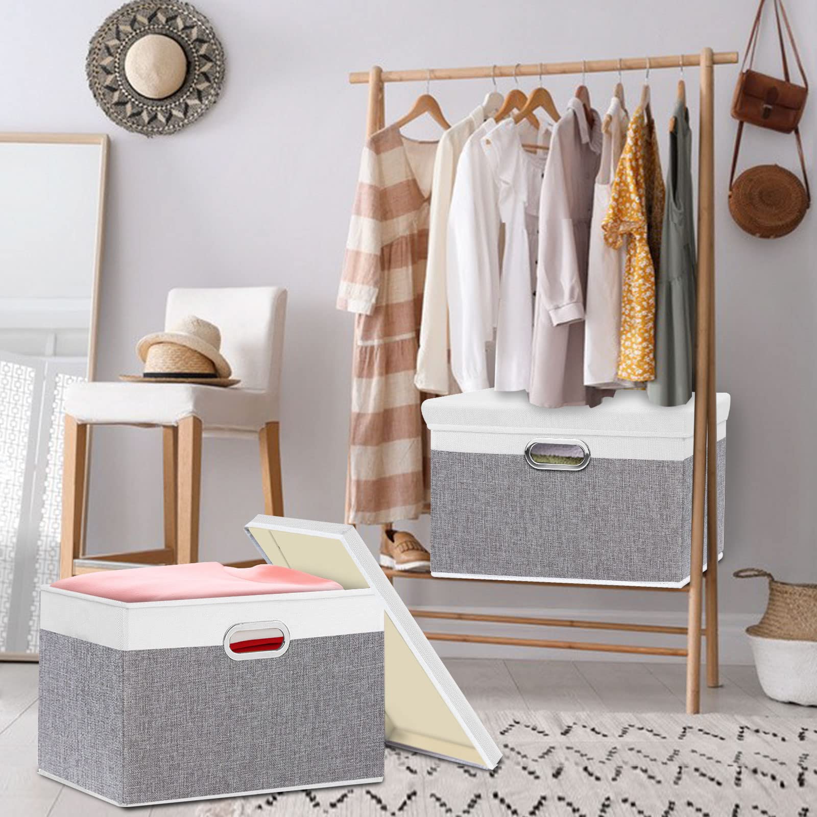 Yawinhe Storage Bins with Lids, Fabric Foldable Boxes with 2 Metal Handles, Waterproof Basket, Closet Organizers, White/Gray, 15''Lx9.8''Wx9.8''H, 1-Pack