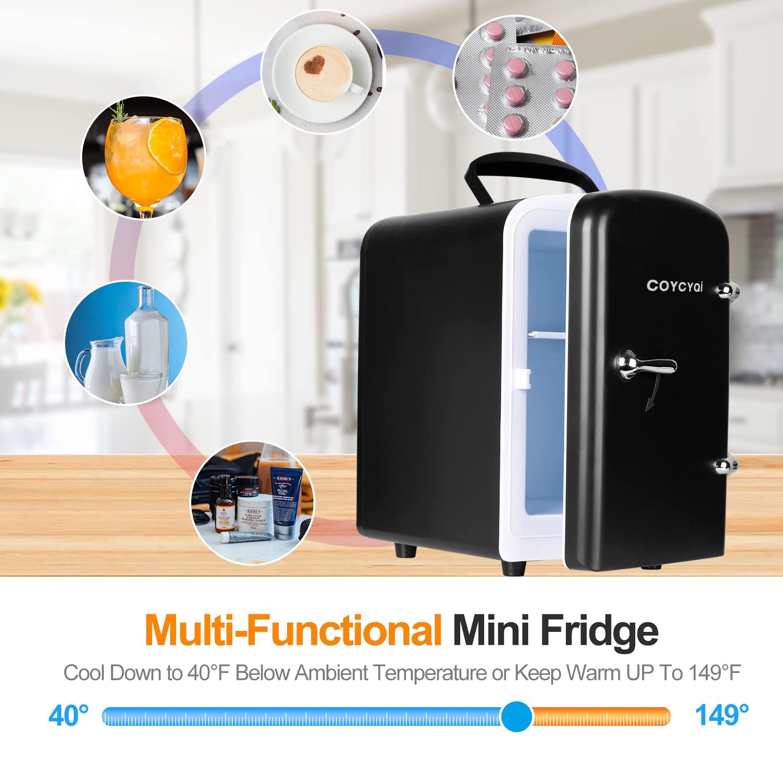 COYCYQI Mini Fridge for Skincare, 4L/6 Can Small Personal Beauty Cooler and Warmer, Portable USB Refrigerator for Bedroom, Makeup, Beverage, Home, Ravel (Black)