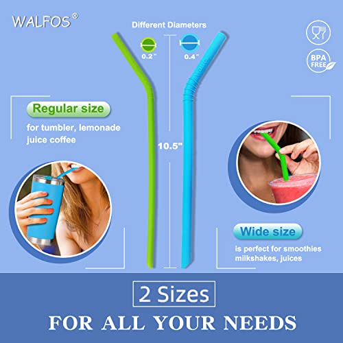 Walfos Reusable Silicone Straws - 2 Size Flexible Drinking Bendy Straws for Smoothies/20 & 30 oz Tumblers, Yeti/Rtic, BPA Free (4 Wide Straws + 4 Regular Straws + 2 Cleaning Brushes + 1 Storage Pouch)