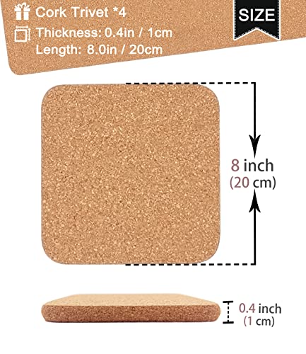Cork Trivet, 4 Pcs High Density Thick Square Cork Trivets for Hot Dishes, 8 Inch Heat Resistant Multifunctional Cork Coaster, Cork Hot Pads for Table & Countertop
