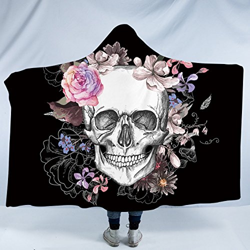 Sleepwish Sugar Skull Plush Wearable Hooded Blanket Skull Flowers Floral Watercolor Fleece Blanket Poppy Rose Sherpa Blanket (Adults 60"x 80")