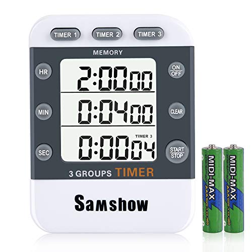 Digital Kitchen Timer Dual Timers 3 Channels Count UP/Down Timer Samshow Cooking Timer Stopwatch Large Display, Adjustable Volume Alarm with Magnetic Back, Stand, Battery Included