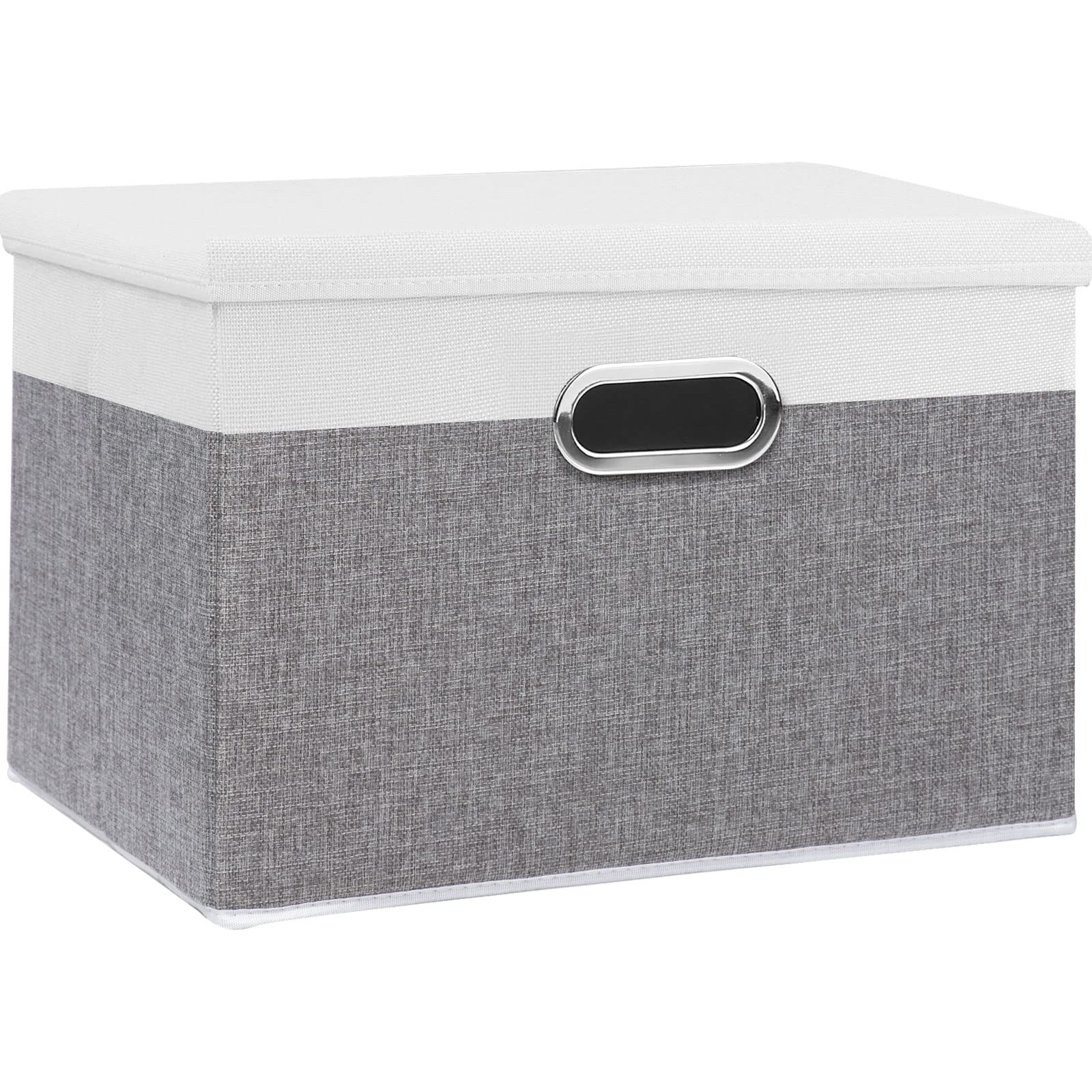 Yawinhe Storage Bins with Lids, Fabric Foldable Boxes with 2 Metal Handles, Waterproof Basket, Closet Organizers, White/Gray, 15''Lx9.8''Wx9.8''H, 1-Pack