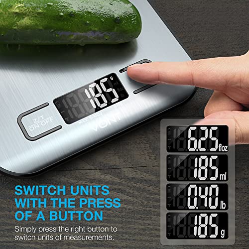 Vont 'Milo' Kitchen Scale, Food Scale, Digital & Mechanical Scale with Beautiful LCD Screen, 6 Measurement Units, Gram Scale Used for Weight Loss, Baking, Cooking, 304 Food Grade Stainless Steel