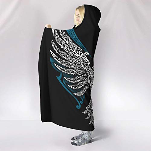 cnincudhi Big Hooded Blankets Ravens in Norse Mythology,Viking,Huginn and Muninn,Odin Themed Prints Premium Soft Warm Hood Robe - Wearable Blanket for Library Study Use White 50x60 inch