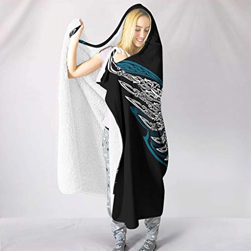cnincudhi Big Hooded Blankets Ravens in Norse Mythology,Viking,Huginn and Muninn,Odin Themed Prints Premium Soft Warm Hood Robe - Wearable Blanket for Library Study Use White 50x60 inch