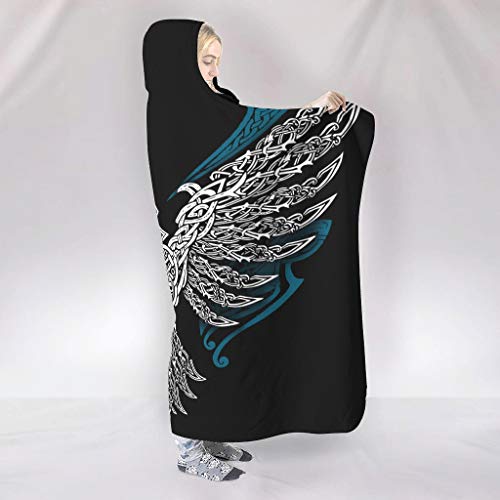 cnincudhi Big Hooded Blankets Ravens in Norse Mythology,Viking,Huginn and Muninn,Odin Themed Prints Premium Soft Warm Hood Robe - Wearable Blanket for Library Study Use White 50x60 inch
