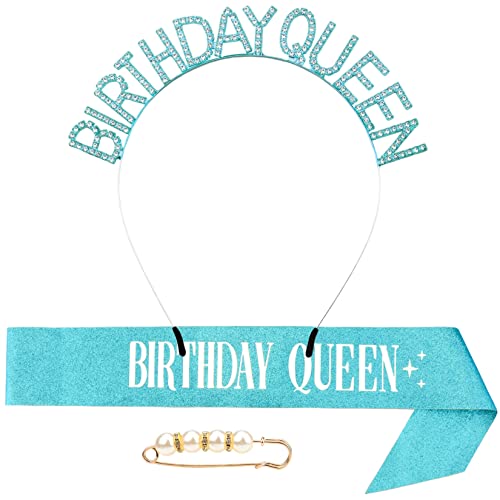 Kaiersi Birthday Crowns for Women Birthday Queen Sash & Rhinestone Headband Set - Birthday Tiara and Sash kit,Crystal Hair Accessories for Cake Toppers Birth Hairpiece Hair Band for Party (Blue)