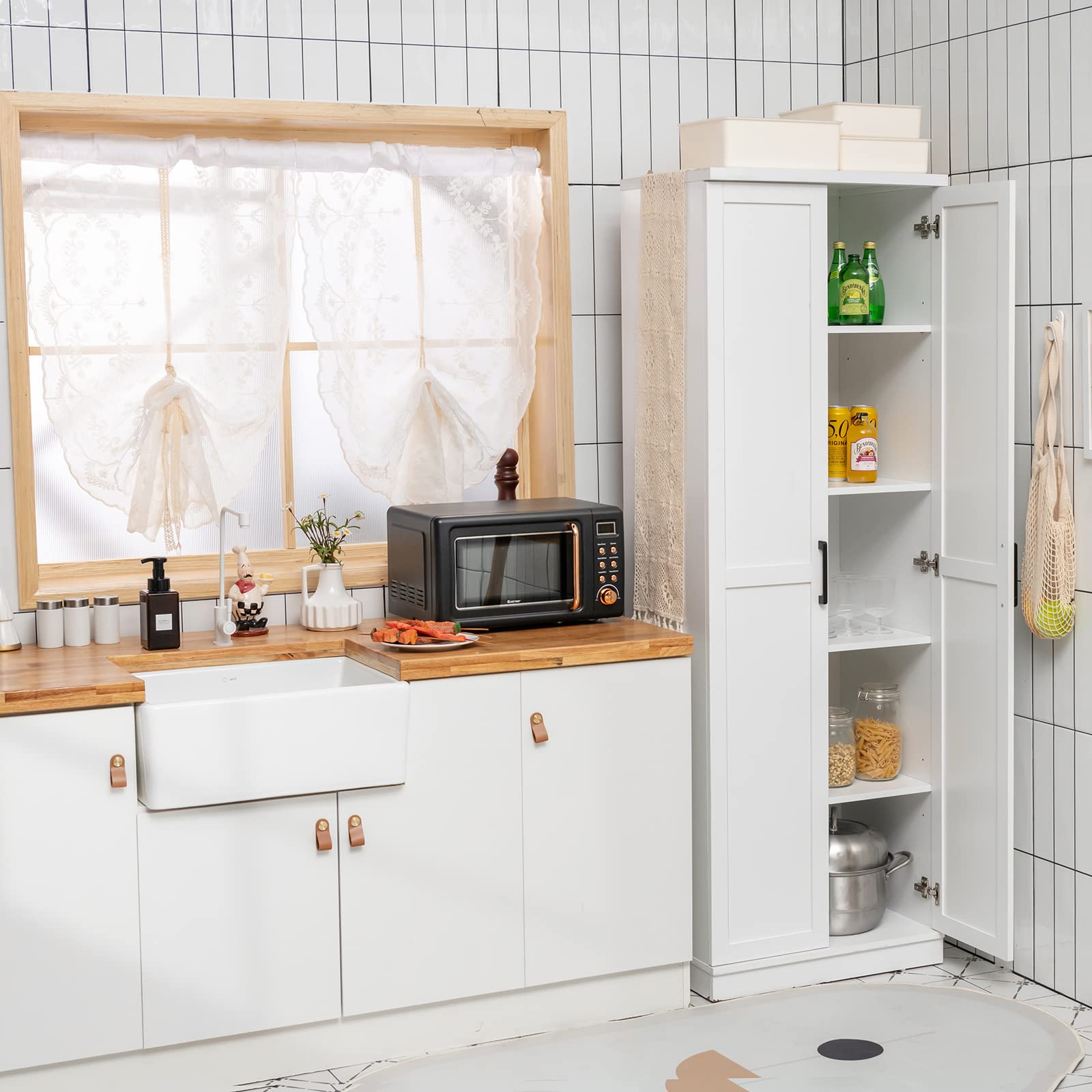 Giantex 70" Tall Wooden Storage Cabinet with 2 Doors and 5 Adjustable Shelves, Freestanding Collection Food Kitchen Pantry Cabinet Cupboard for Kitchen Laundry Garage (White)