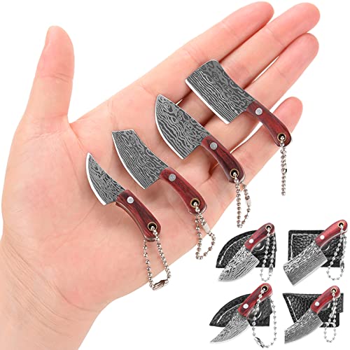 HX-CQHY Mini Knife Set Pocket Knife Damascus Chef Knives EDC Knife Set Tiny Knife Cleaver for Package Opener,Box Cutter,Set of 4,Fathers Day Gifts