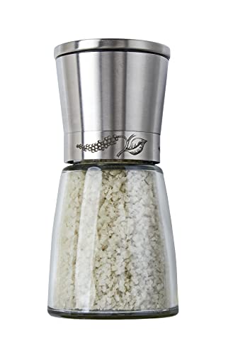 Manual Pepper and Salt Grinder (Spice Mill) with Adjustable Ceramic Blades. Glass body with stainless steel. Easy to fill, use and clean, 6oz.