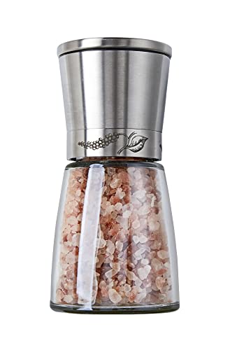 Manual Pepper and Salt Grinder (Spice Mill) with Adjustable Ceramic Blades. Glass body with stainless steel. Easy to fill, use and clean, 6oz.