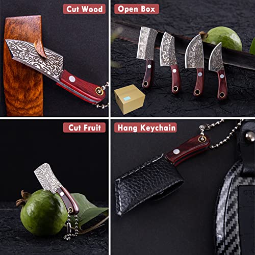 HX-CQHY Mini Knife Set Pocket Knife Damascus Chef Knives EDC Knife Set Tiny Knife Cleaver for Package Opener,Box Cutter,Set of 4,Fathers Day Gifts