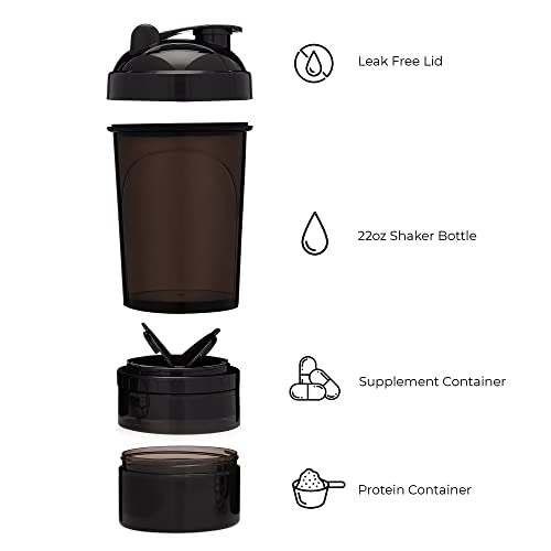 [2 Pack] 20-oz Shaker Bottle with Attachable Storage Compartments (White & Black - 2 Pack) | 20 Ounce Protein Shaker Cup with Motivational Quotes | Attachable Container Storage for Protein or Supplements with Mixing Agitators