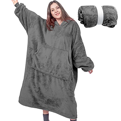 Blanket Sweatshirt Hoodie Blanket, Wearable Blanket Blanket Hoodie for Women, Hooded Blanket Cozy Blanket Women, Super Warm and Oversized Blanket with Sleeves and Giant Pocket (Dark Gray)