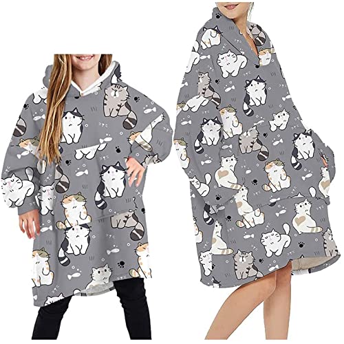 Darrenvan Wearable Blanket Hoodie Oversized Sweatshirt Blanket Adults women men Hooded Sherpa Blanket Giant Pocket reversible clothes Grey cat