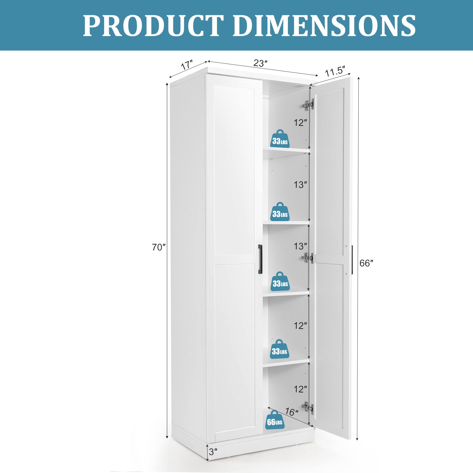 Giantex 70" Tall Wooden Storage Cabinet with 2 Doors and 5 Adjustable Shelves, Freestanding Collection Food Kitchen Pantry Cabinet Cupboard for Kitchen Laundry Garage (White)