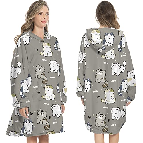 Darrenvan Wearable Blanket Hoodie Oversized Sweatshirt Blanket Adults women men Hooded Sherpa Blanket Giant Pocket reversible clothes Grey cat