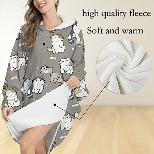 Darrenvan Wearable Blanket Hoodie Oversized Sweatshirt Blanket Adults women men Hooded Sherpa Blanket Giant Pocket reversible clothes Grey cat