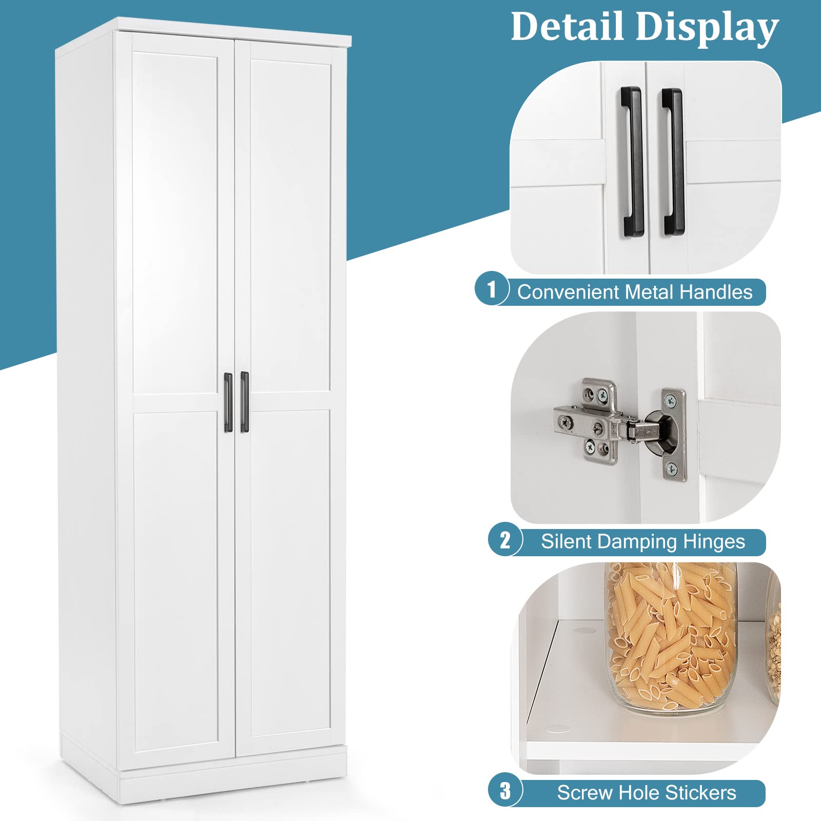 Giantex 70" Tall Wooden Storage Cabinet with 2 Doors and 5 Adjustable Shelves, Freestanding Collection Food Kitchen Pantry Cabinet Cupboard for Kitchen Laundry Garage (White)