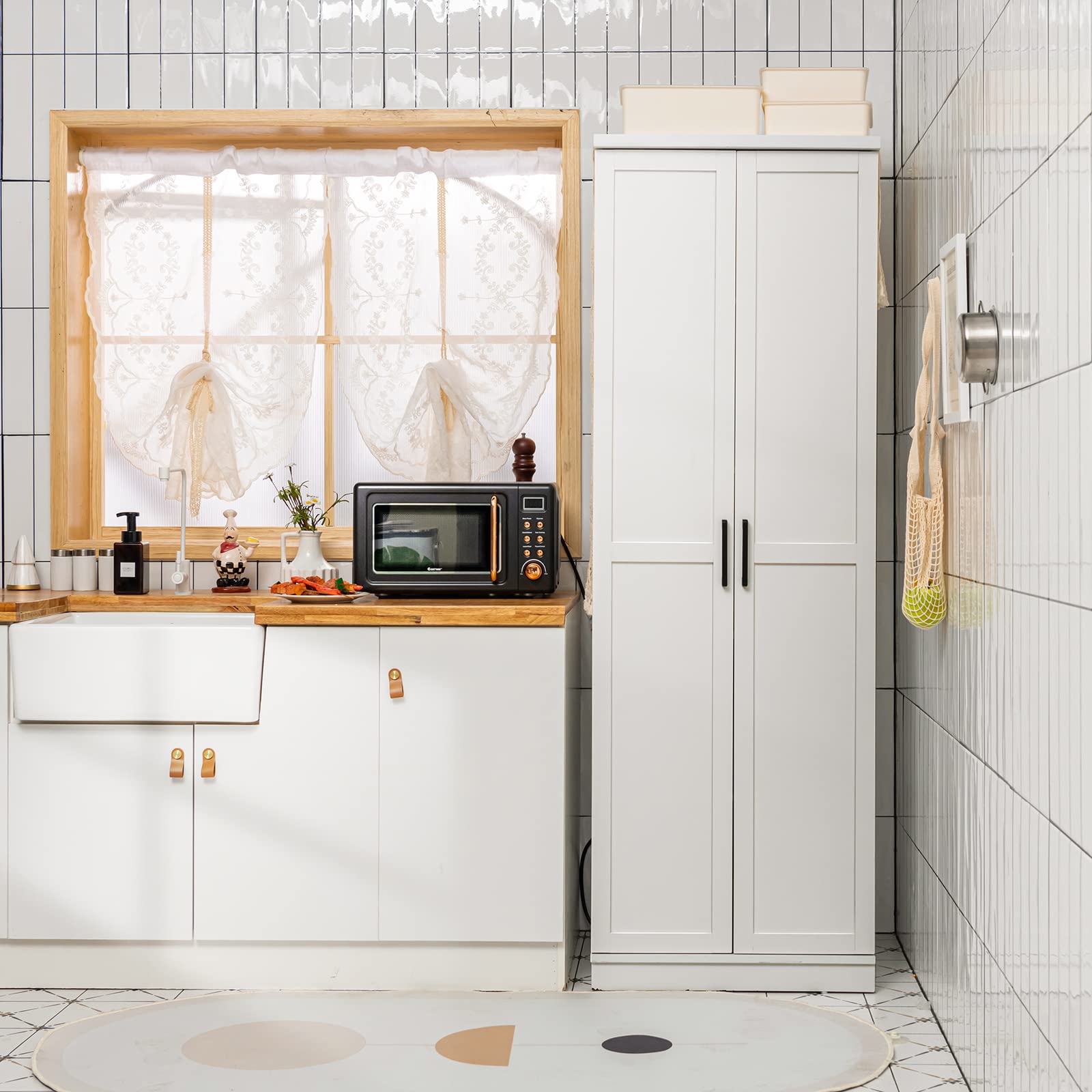 Giantex 70" Tall Wooden Storage Cabinet with 2 Doors and 5 Adjustable Shelves, Freestanding Collection Food Kitchen Pantry Cabinet Cupboard for Kitchen Laundry Garage (White)