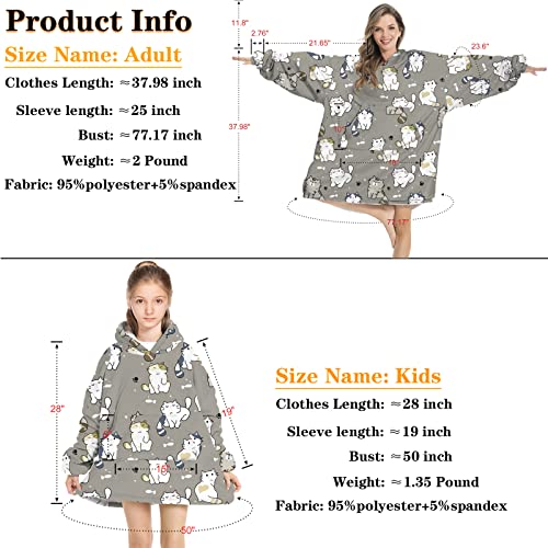 Darrenvan Wearable Blanket Hoodie Oversized Sweatshirt Blanket Adults women men Hooded Sherpa Blanket Giant Pocket reversible clothes Grey cat