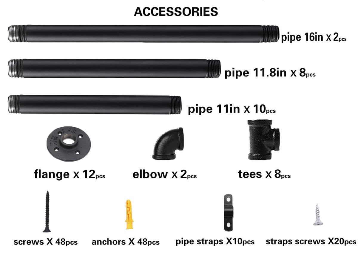 Industrial Wall Mount Iron Pipe Shelf, 5 Shelves Shelving Bracket Black Vintage Retro Ceiling Hung shelf DIY Open Bookshelf Storage for offcie Room Kitchen (2PcsX5Tier,68" Tall,10"deep,Hardware Only)