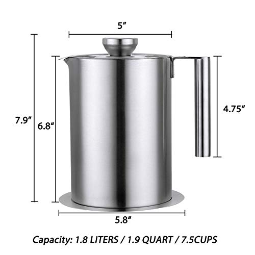 Sumerflos 1.8 L/1.9 Quart Stainless Steel Grease Strainer and Container - Large Oil Storage Pot Grease Keeper with Dust-Proof Lid & Easy Grip Handle - for Bacon, Kitchen Cooking or Frying Oil
