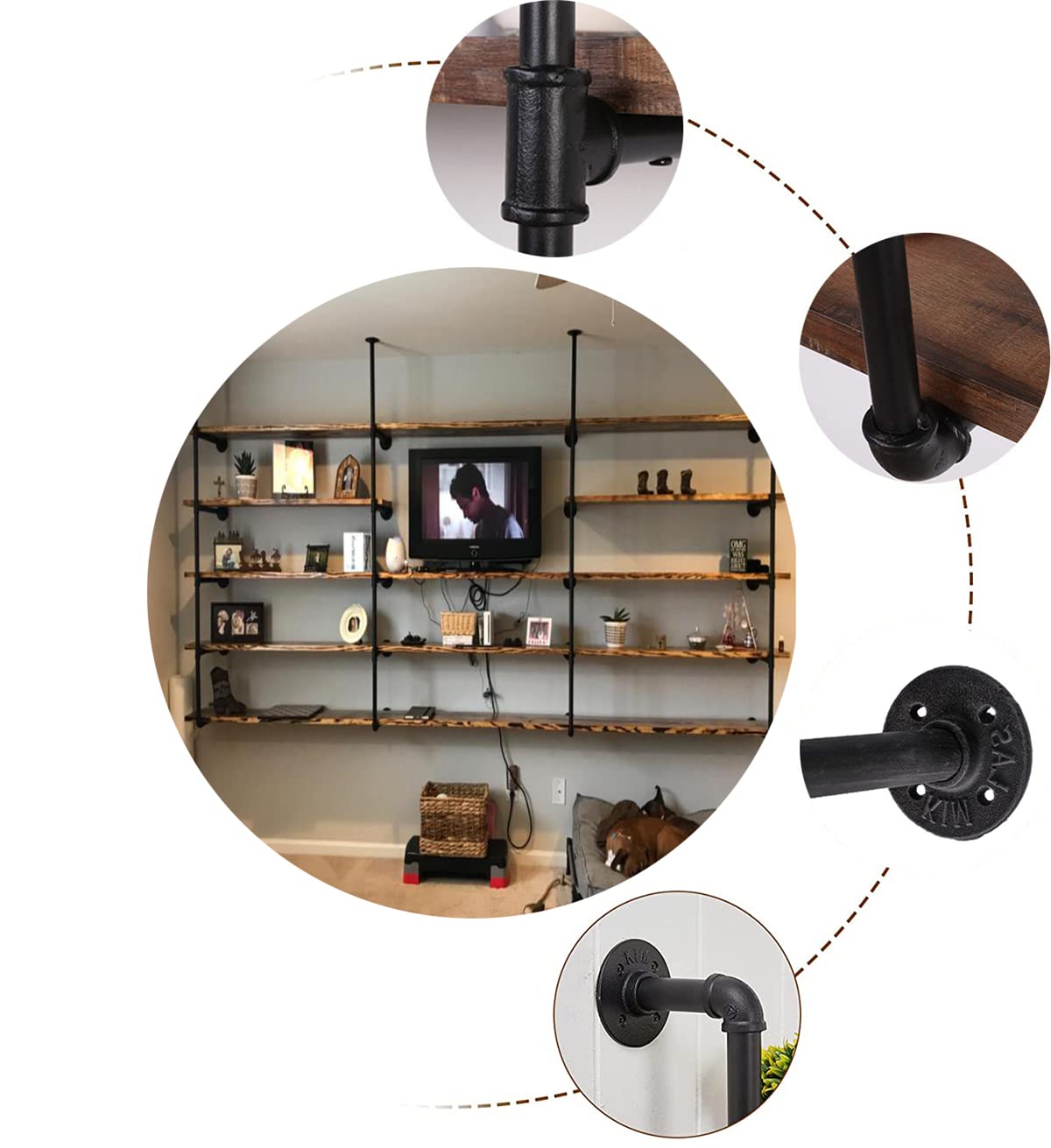 Industrial Wall Mount Iron Pipe Shelf, 5 Shelves Shelving Bracket Black Vintage Retro Ceiling Hung shelf DIY Open Bookshelf Storage for offcie Room Kitchen (2PcsX5Tier,68" Tall,10"deep,Hardware Only)