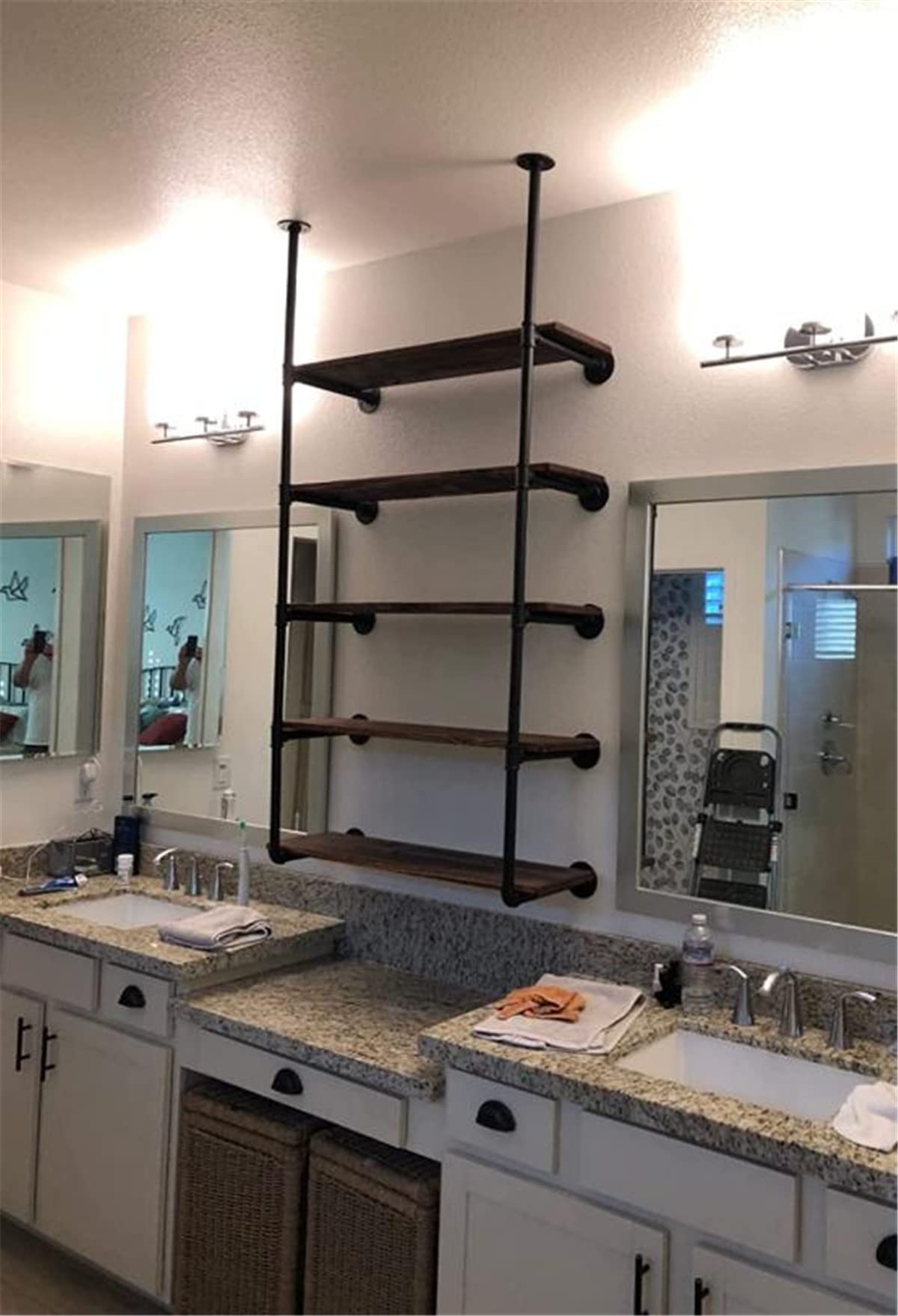 Industrial Wall Mount Iron Pipe Shelf, 5 Shelves Shelving Bracket Black Vintage Retro Ceiling Hung shelf DIY Open Bookshelf Storage for offcie Room Kitchen (2PcsX5Tier,68" Tall,10"deep,Hardware Only)