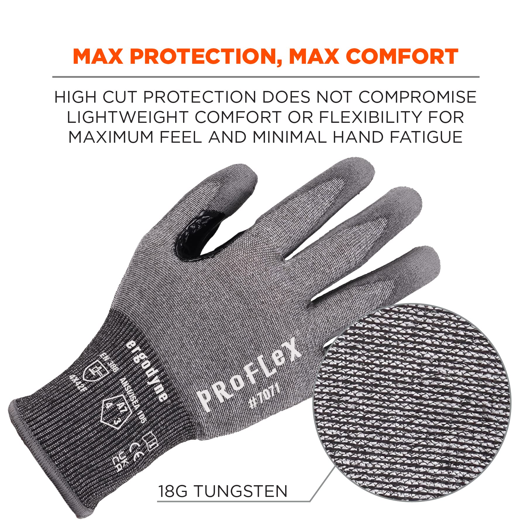 Ergodyne ProFlex 7071 Cut Resistant Work Gloves, ANSI A7, PU Coated Palms for Flexible No Slip Grip, Reinforced Thumb Saddle, 18g HPPE and Tungsten, Gray, Large