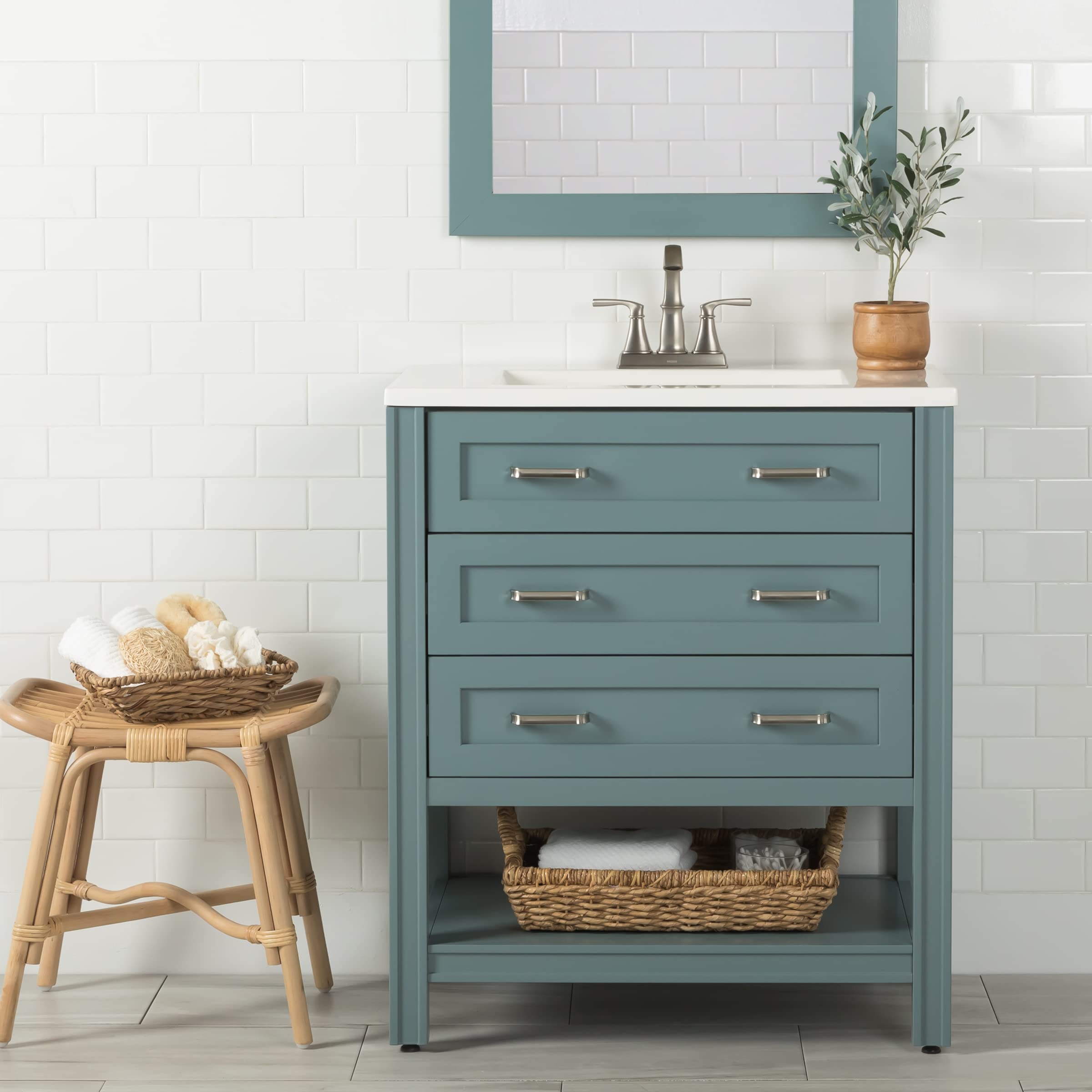Spring Mill Cabinets Eaton Bathroom Vanity with 2 Drawers, Open Shelf, and White Sink Top, 30.25" W x 18.75" D x 35.41" H, Sage