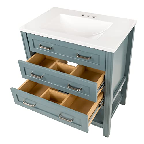 Spring Mill Cabinets Eaton Bathroom Vanity with 2 Drawers, Open Shelf, and White Sink Top, 30.25" W x 18.75" D x 35.41" H, Sage