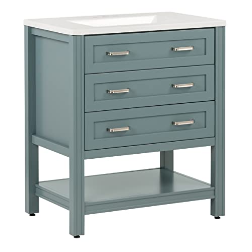 Spring Mill Cabinets Eaton Bathroom Vanity with 2 Drawers, Open Shelf, and White Sink Top, 30.25" W x 18.75" D x 35.41" H, Sage