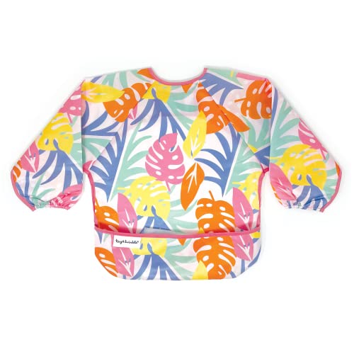 Tiny Twinkle Mess Proof Baby Bib, Cute Full Sleeve Bib Outfit, Waterproof Bibs for Toddlers, Machine Washable, Tug Proof Closure, Baby Smock for Eating, Long Sleeved (Pink Palm, Large 2-4 Years)